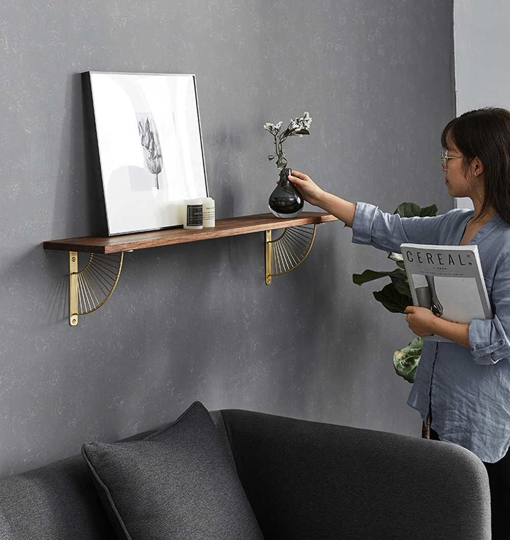 Scandinavian Mid-Century Modern Wall Rack | Brass Walnut Floating Shelf